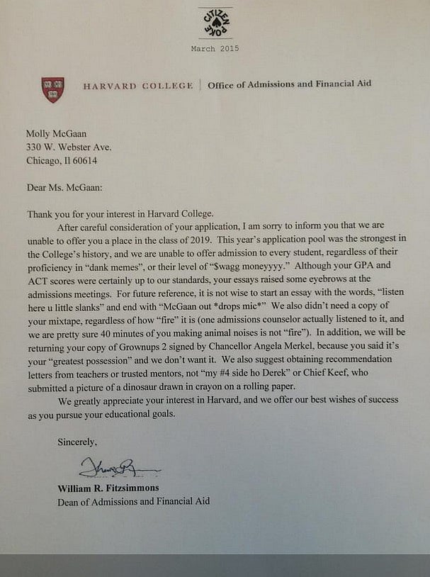 College Acceptance Letter Harvard