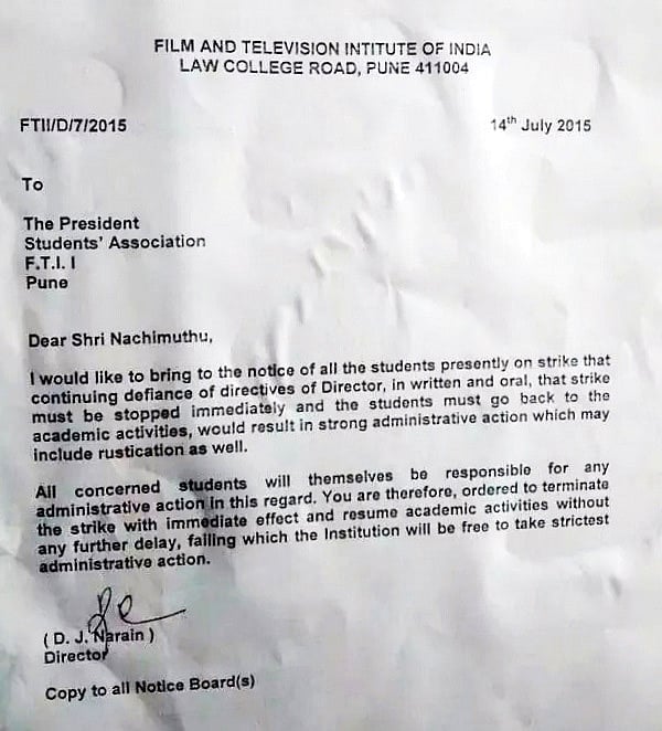 FTII Issues Notice, Threatens Rustication if Strike Not Called Off