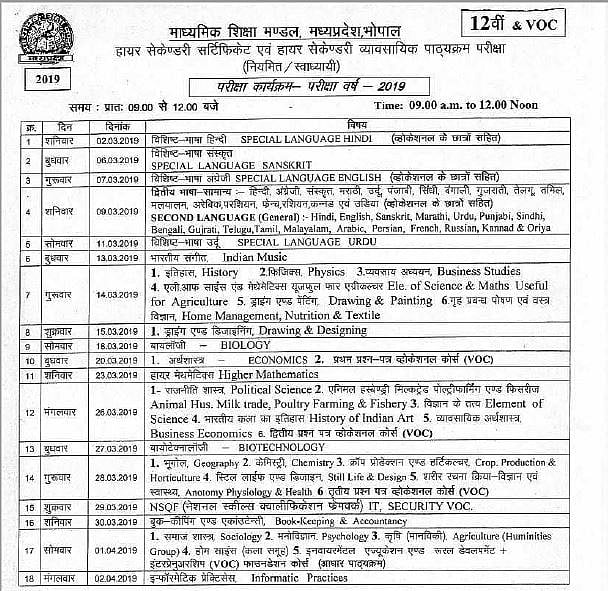 MPBSE Exam 2019 Date Sheet: Class 12th, 10th Class Time Table Released