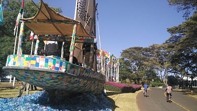 This flamboyant plastic waste boat sets out for long voyage