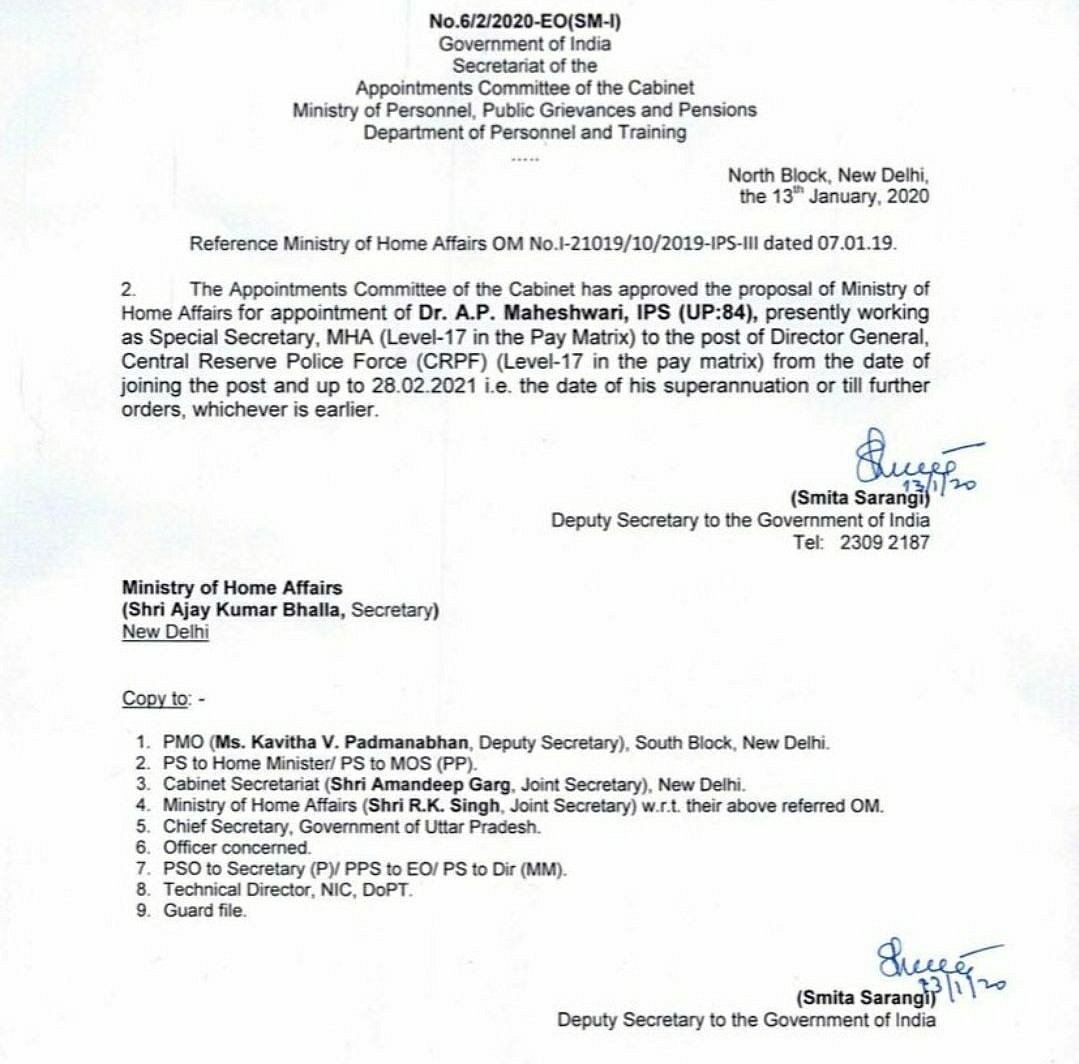 IPS Officer AP Maheshwari Appointed CRPF DG Till February 2021