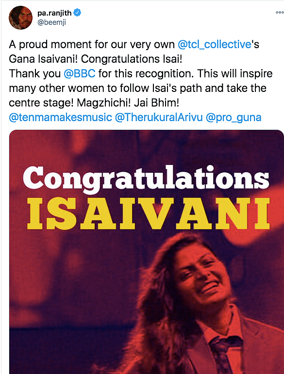 Singer Isaivani in BBC Inspiring Women List; Pa Ranjith All Praise