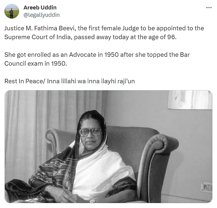 'Pioneer For Women': Fathima Beevi, India’s First Female Supreme Court ...